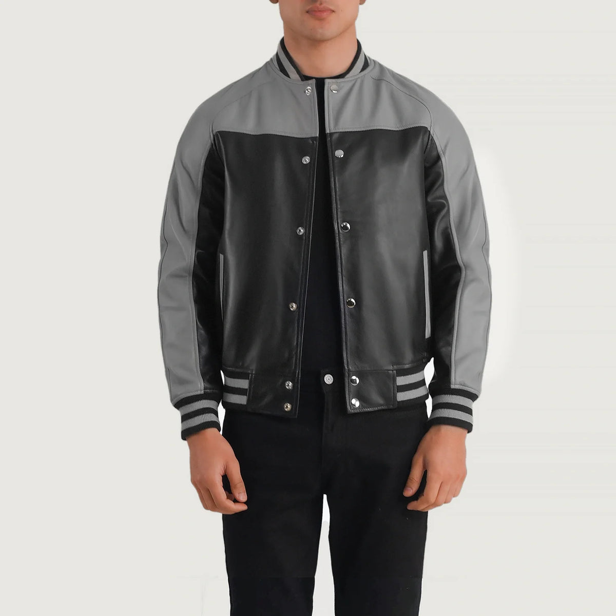 Terrance Black & Grey Leather Varsity Jacket For Men – The Jacket Maker